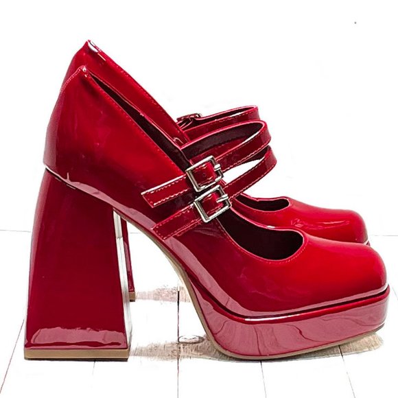 Shoes | New Ruby Red Patent Mary Jane Platform Chunky Heel Pumps | Poshmark